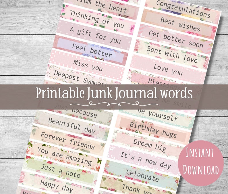 Shabby Style Printable Word Sentiments | Junk Journal Ephemera ...