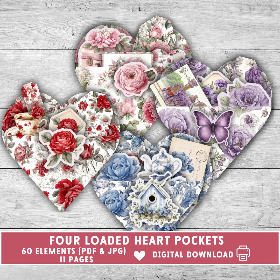 Loaded Heart Pockets, Mother's Day Gift, Valentine Loaded Pocket Tags, Junk Journal Inserts ...
