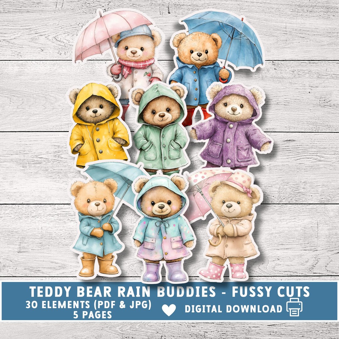 Teddy Bears in the Rain Fussy Cuts, Rainy Day Clipart, Cute Bear ...