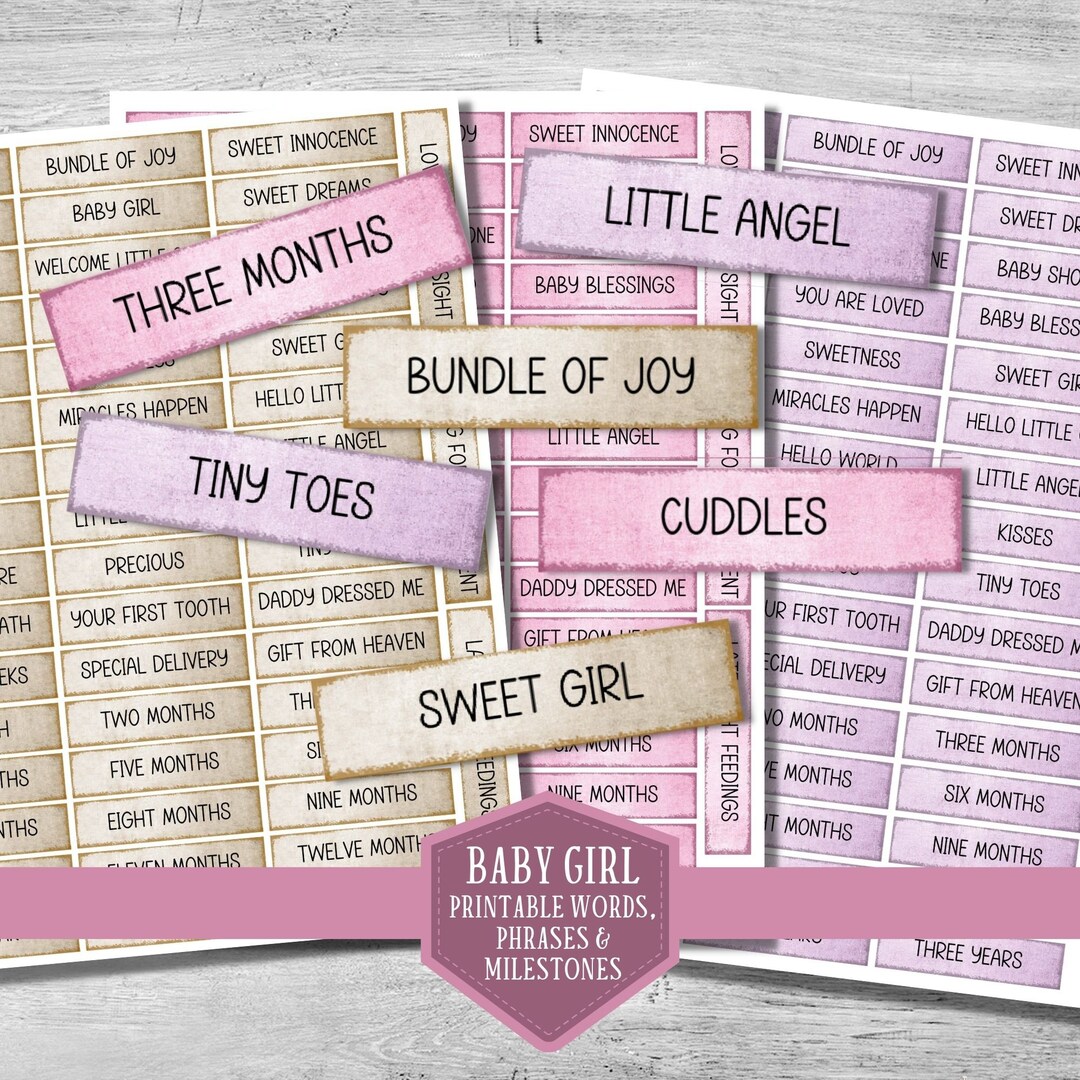 Baby Girl Journal Words, Printable Word Sentiments, Baby Junk Journal ...