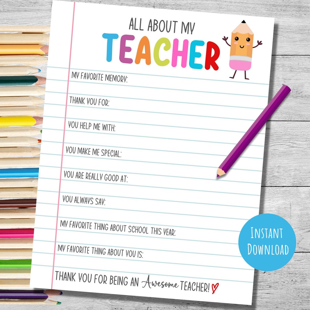 All About My Teacher Printable, Teacher Appreciation Week, Thank You ...