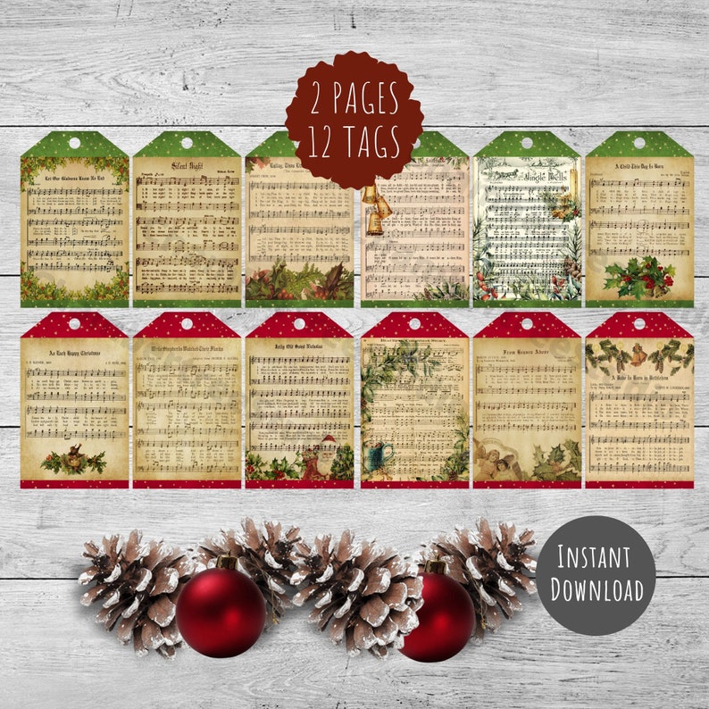 Christmas Carol Gift Tags, 12 Holiday Music Hang Tags, Vintage ...