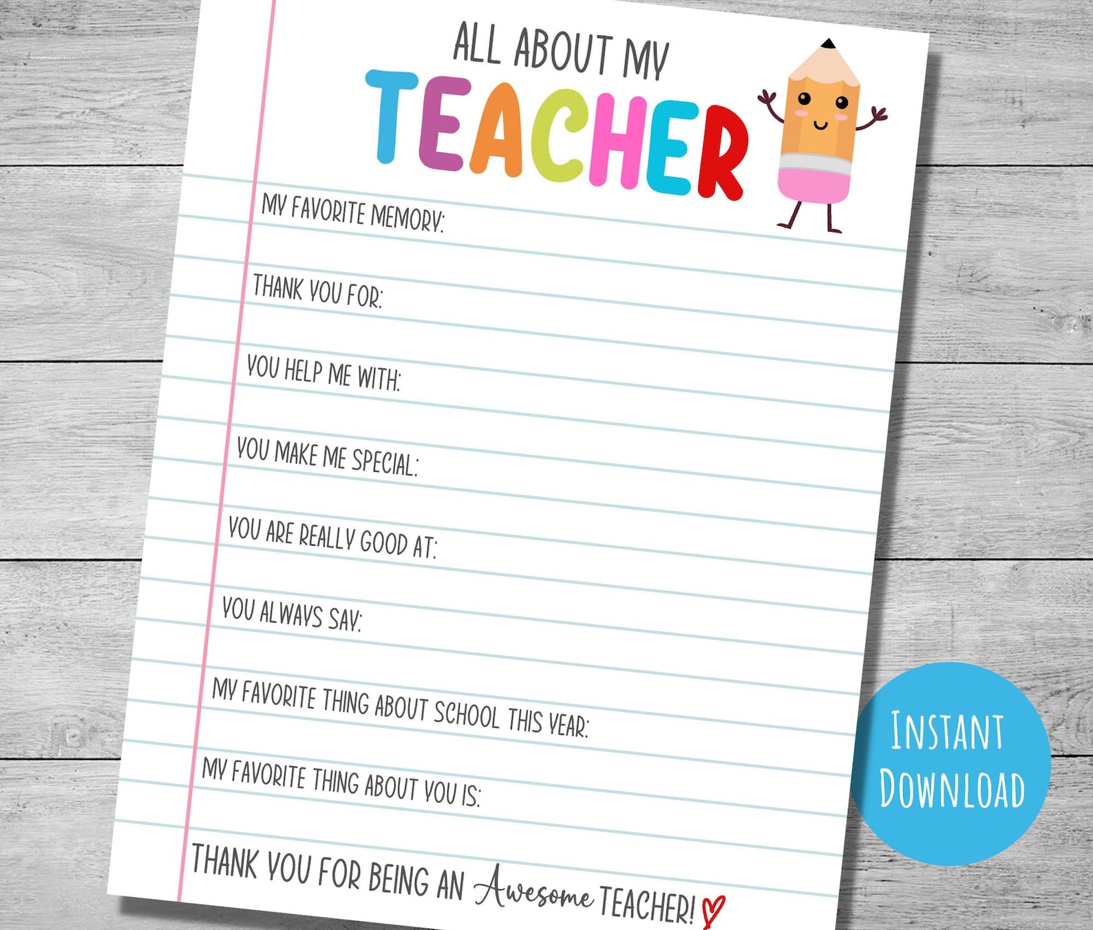 All About My Teacher Printable, Teacher Appreciation Week, Thank You ...