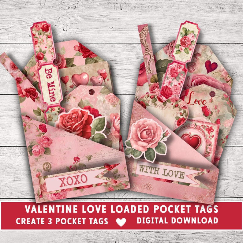 Valentine Loaded Pocket Tags, Stuffed Pockets for Junk Journal ...