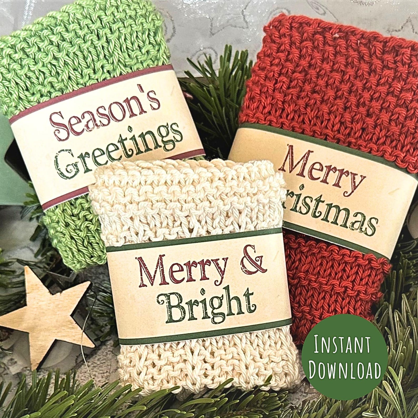 Christmas Dishcloth Wrapper, Printable Gift Label, Belly Band Washcloth ...