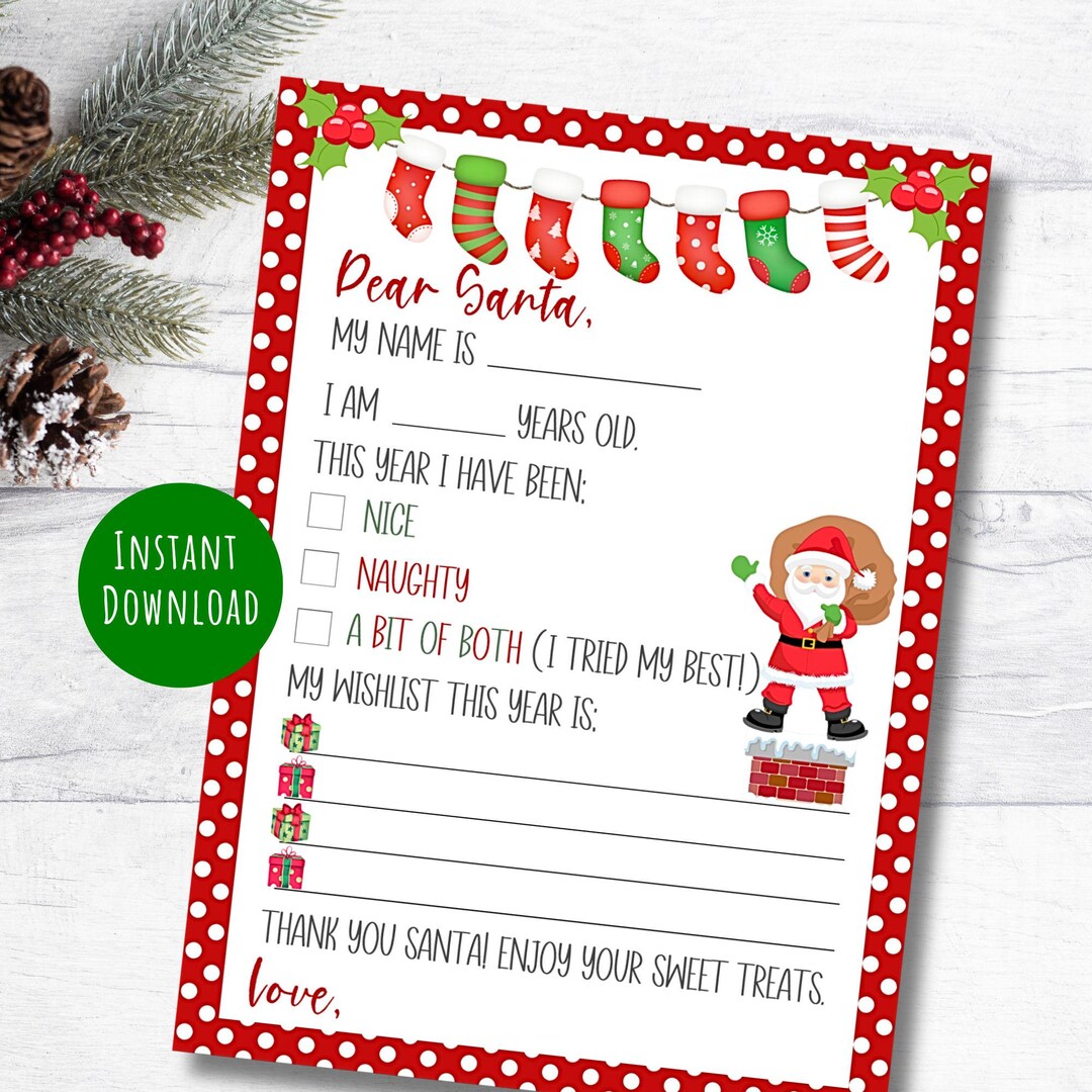 Printable Letter to Santa and Christmas Wish List for Kids, “dear Santa ...
