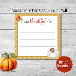 Thanksgiving Gratitude Cards, Printable I Am Thankful for Notes, 4x4 ...