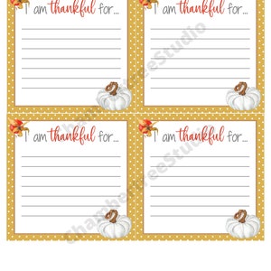 Thanksgiving Gratitude Cards, Printable I Am Thankful for Notes, 4x4 ...
