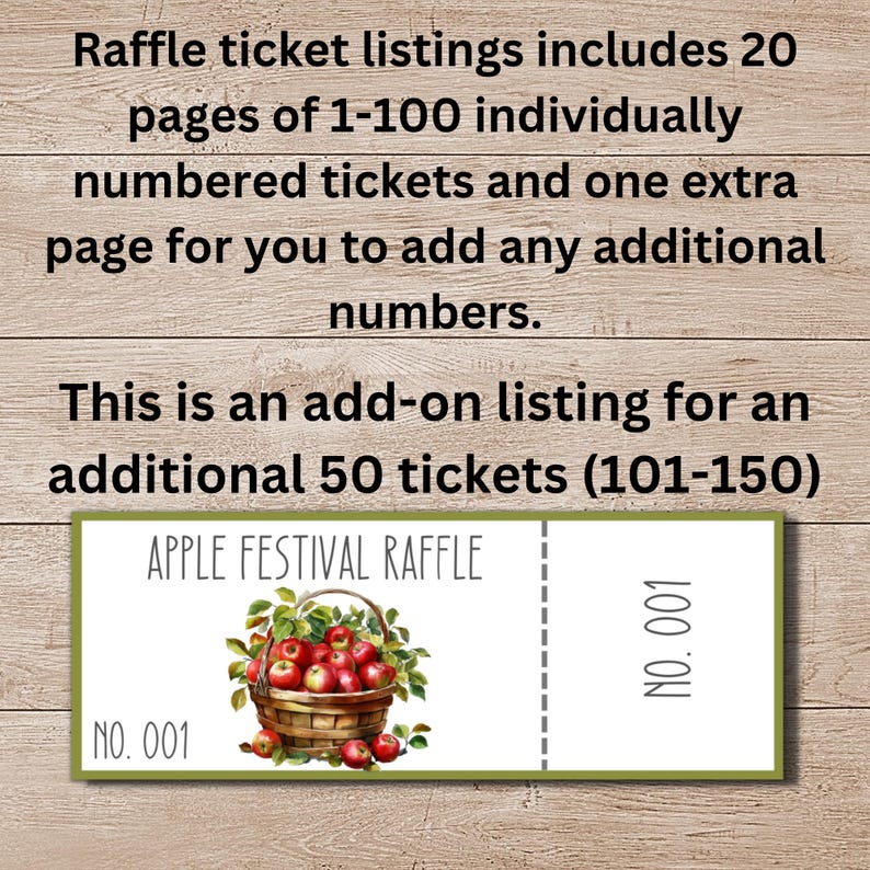 ADD-ON - 50 Additional Numbered Raffle Tickets, for Easter, Christmas ...