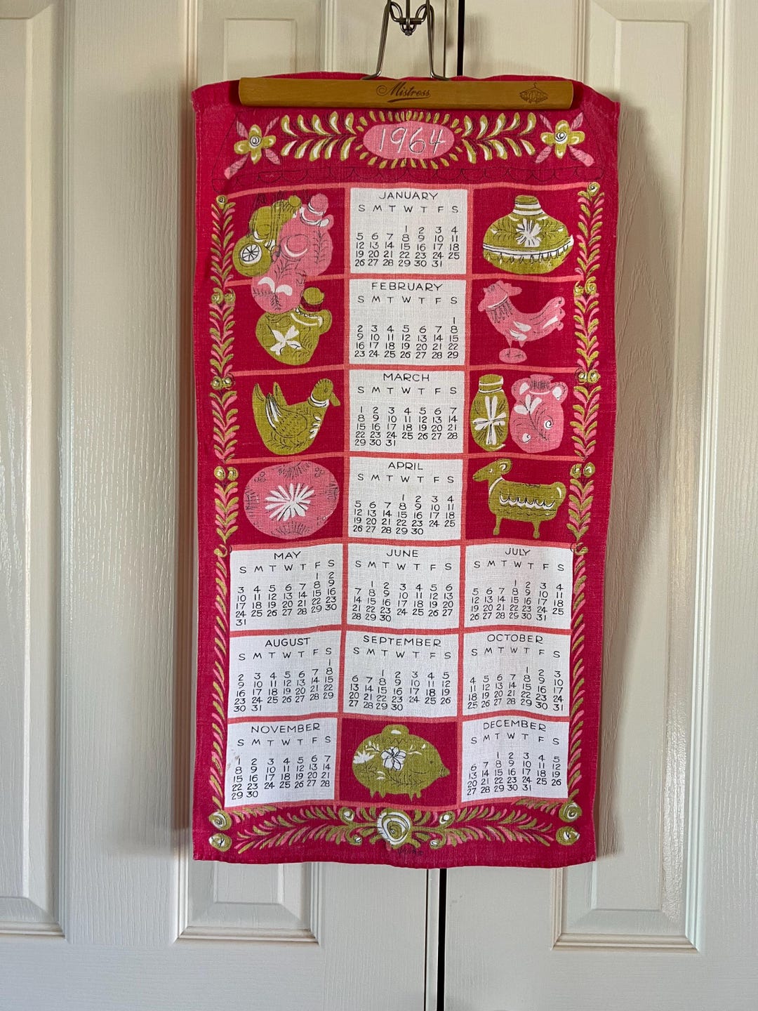 Vintage 1964 Vera Tea Towel Calendar Pink Kitchen Towel With Vases ...