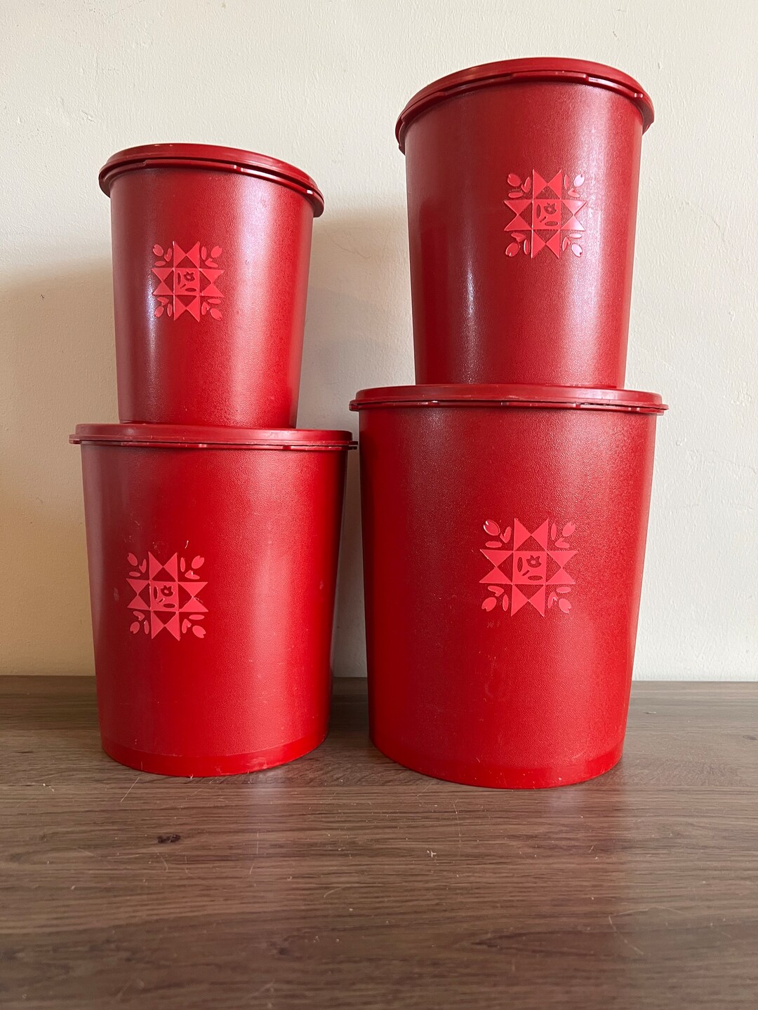 Vintage Tupperware Red Canister Set Pink Tulips Nesting Set of 4 W Lids ...