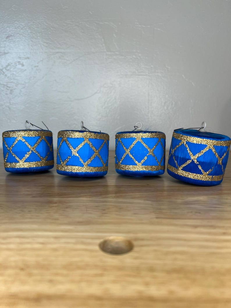 Vintage Christmas Ornaments Drums 4 Blue Stain Gold Glitter 2" Drum ...