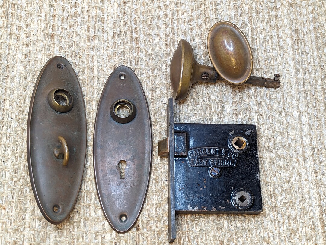 Antique Sargent & Co. Passage Lock, Brass Door Knobs and Brass Door ...