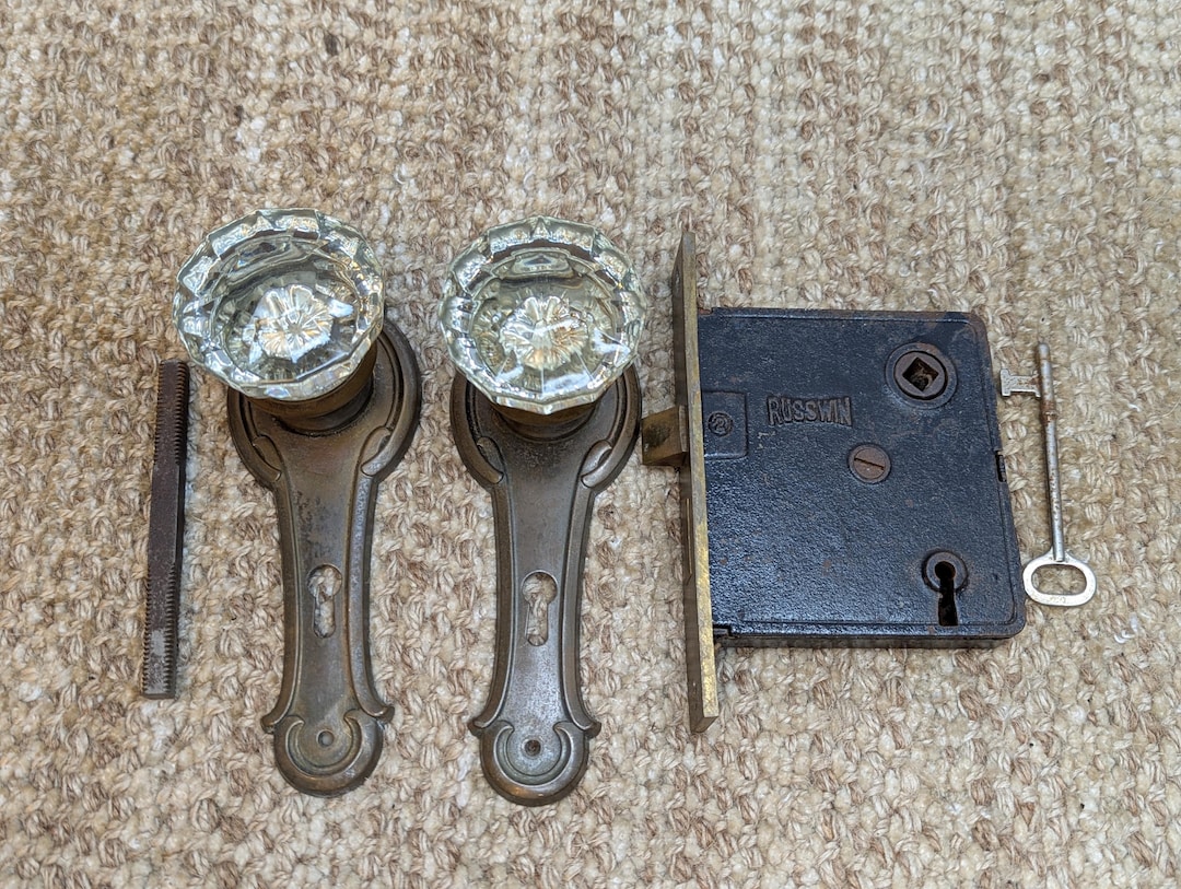 Antique Russwin Mortise Lock: Glass Knobs & Brass Plates With Key - Etsy