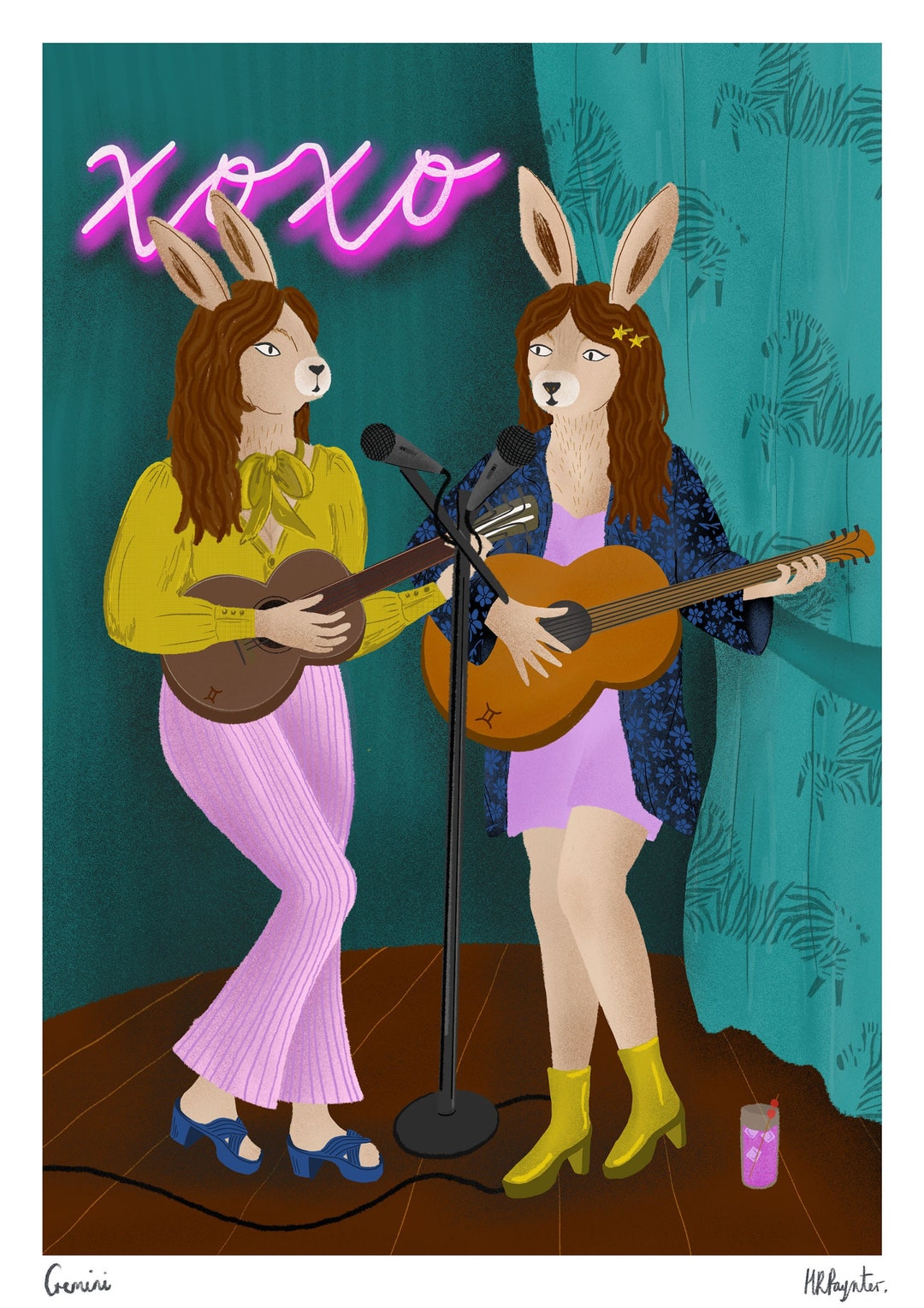Rabbits Neon Band Fashion Illustration Gemini Wall Art Print Horoscope ...