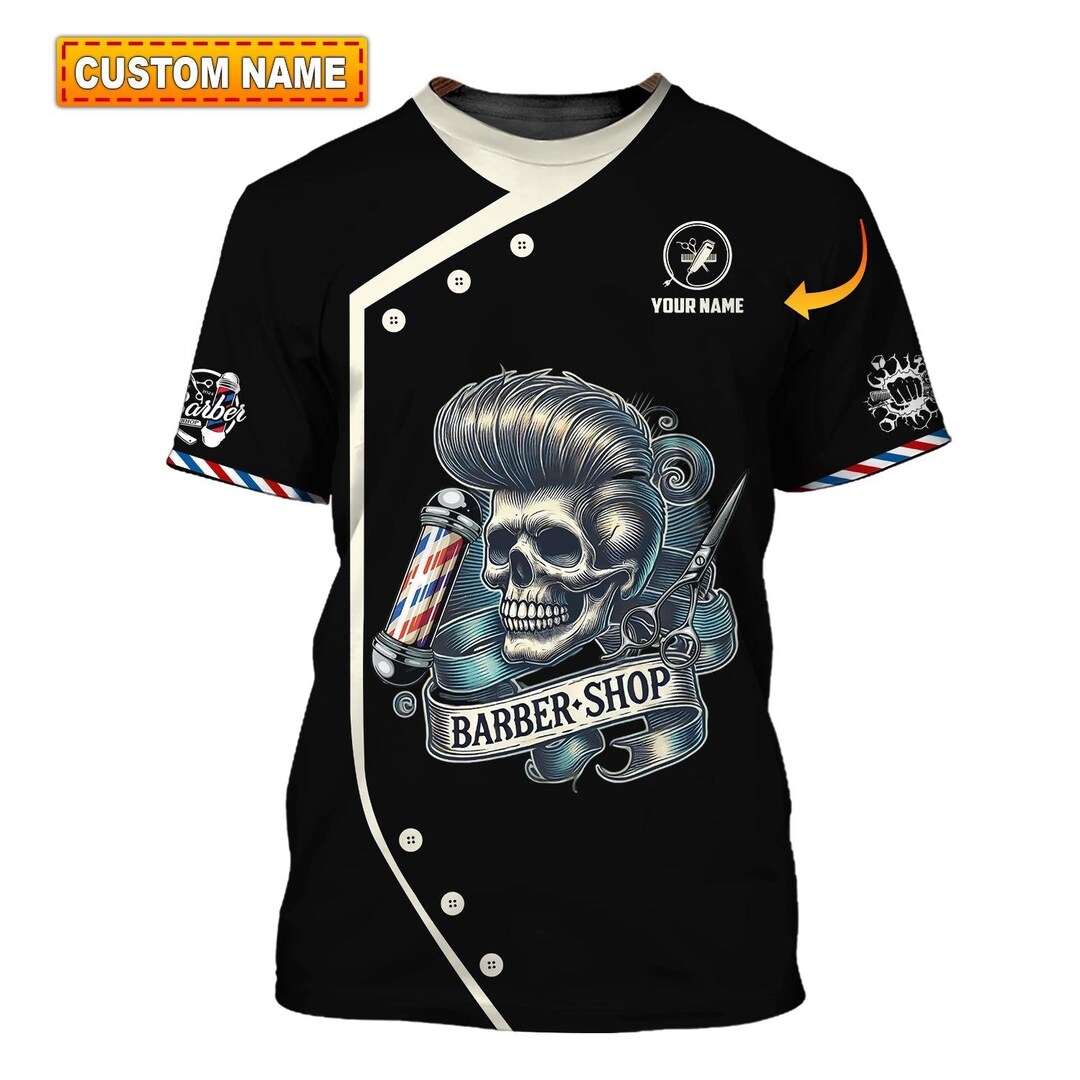Custom Barber Shop Shirt With Skull Design – Personalized Barber Tee ...