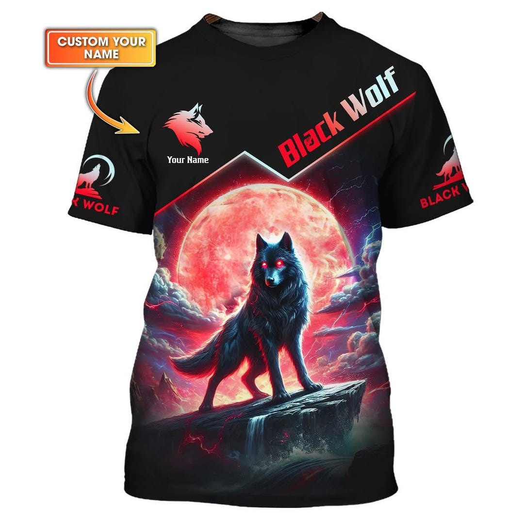 Custom Black Wolf 3D T-shirt - Fierce Wolf Design With Red Moon ...