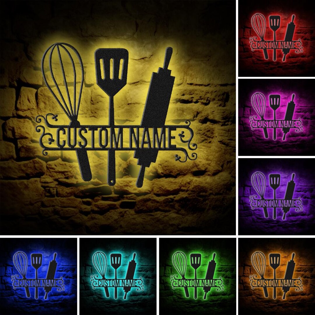 Personalized Kitchen Metal Sign With LED Lights, Custom Name Whisk ...