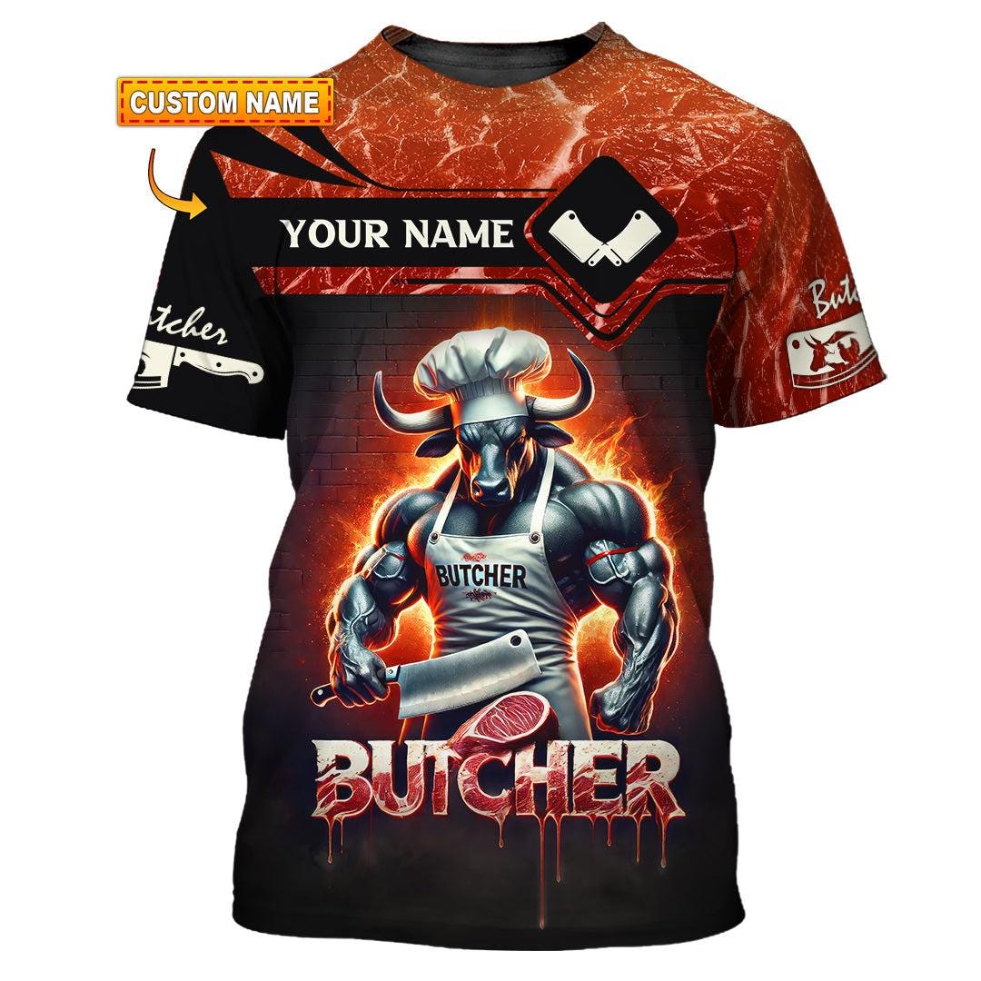 Custom Butcher 3D T-shirt With Bull – Personalized Name Butcher Shirt ...