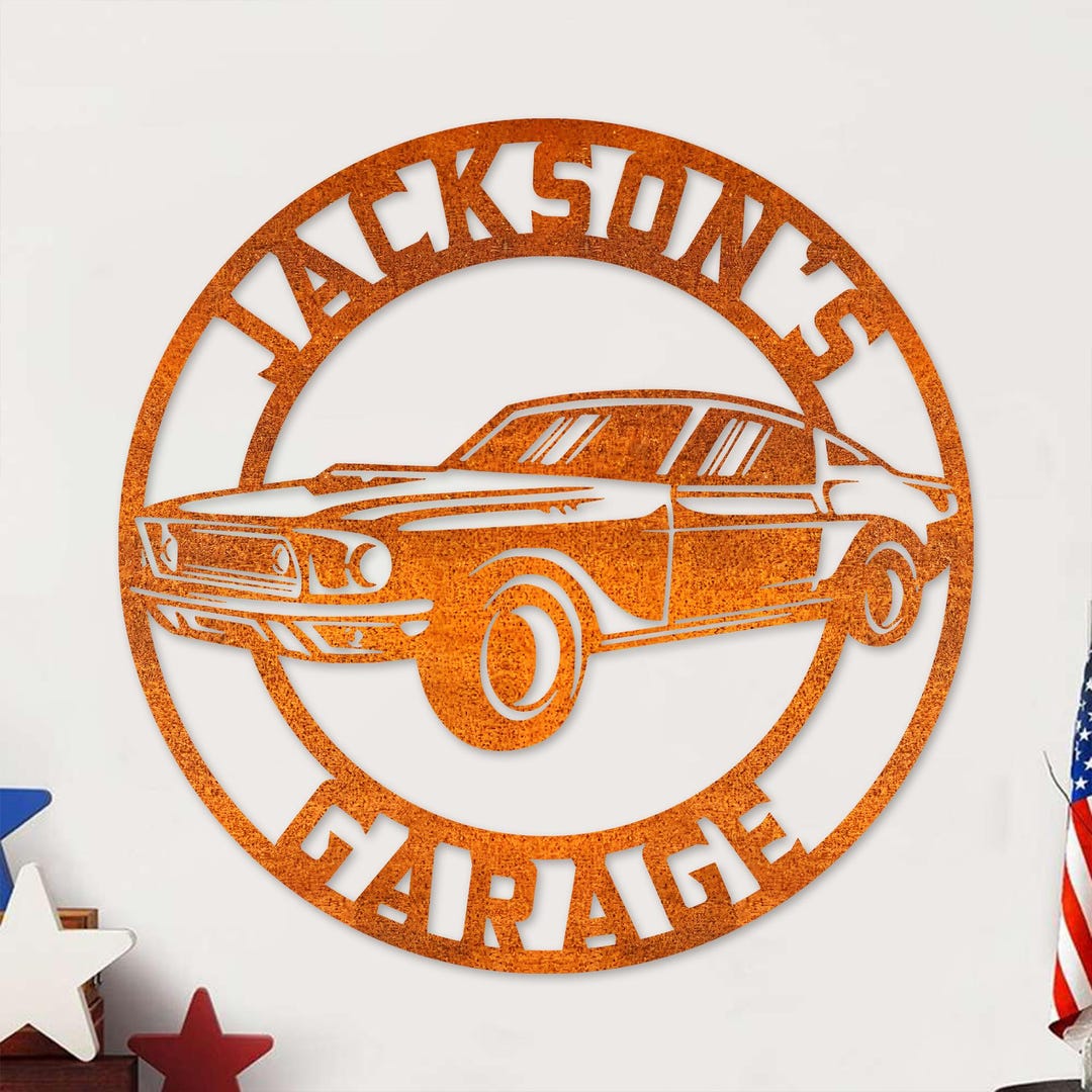 Personalized Garage Corten rusted Steel, Custom Classic Muscle Car Name ...
