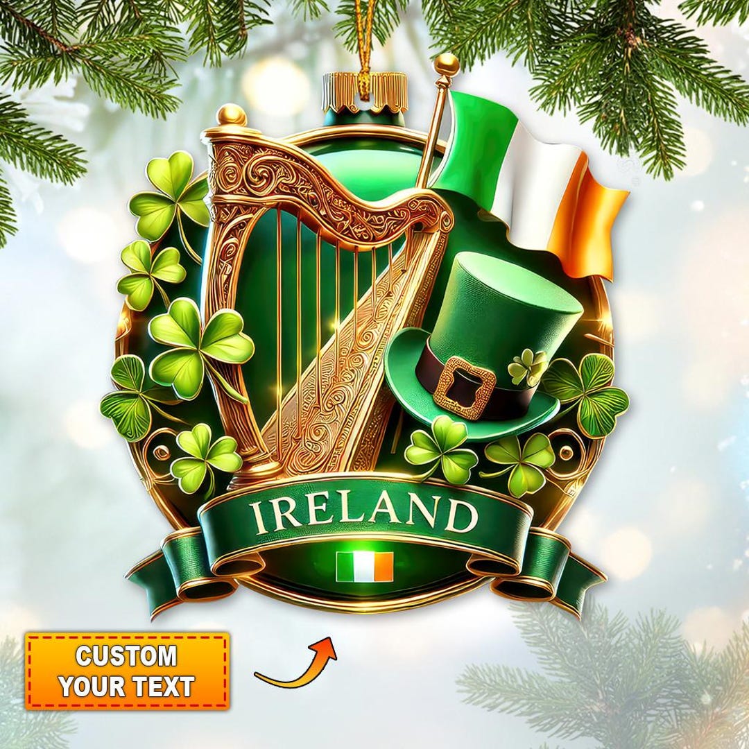 Custom Irish Harp Ornament – Personalized Shamrock and Leprechaun Hat ...