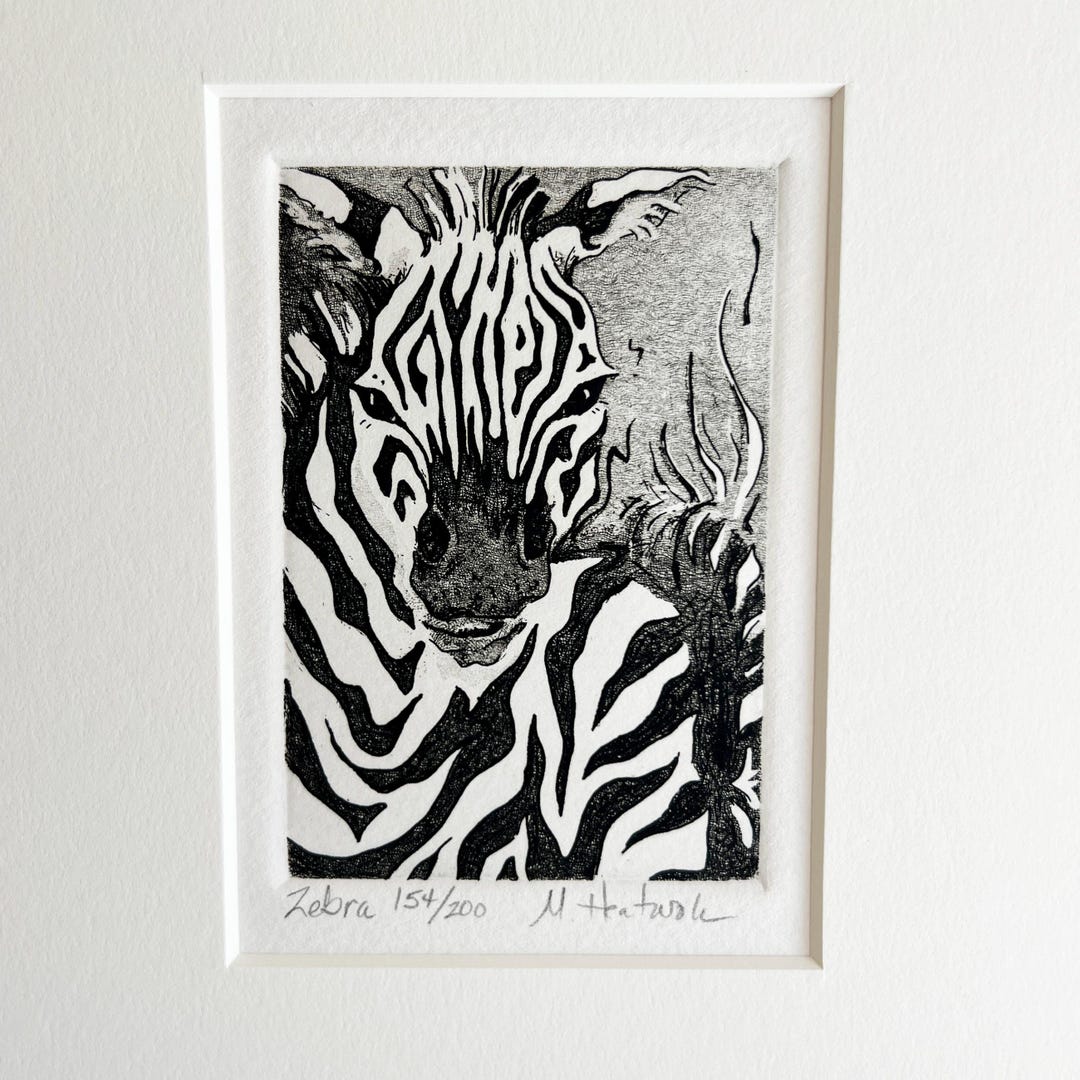 Vintage Authentic Etching, Artist Marsha Heatwole Vintage Zebra Print ...