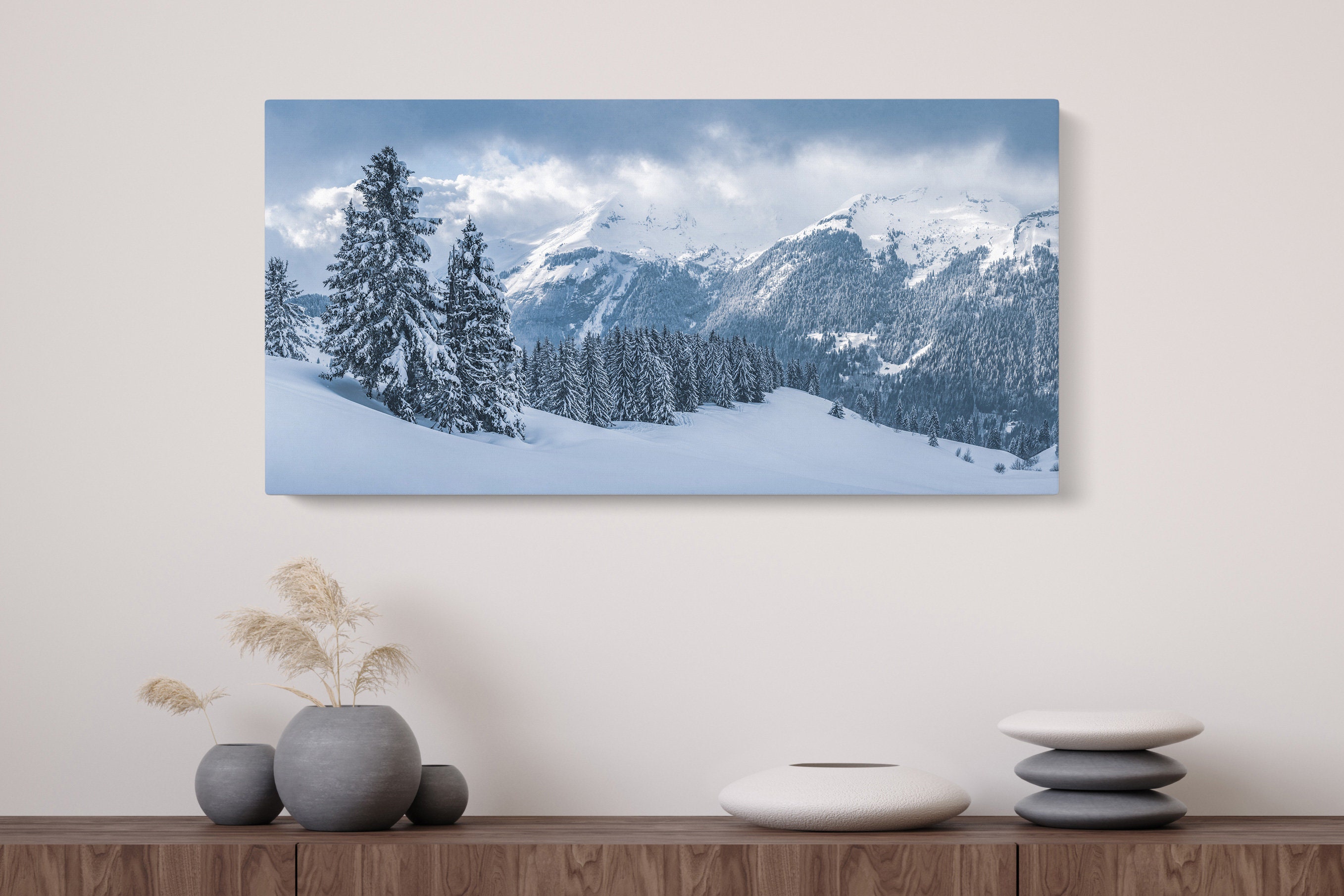 Snowy Winter Mountains Photography Canvas Wall Art | Large Blue Set of ...