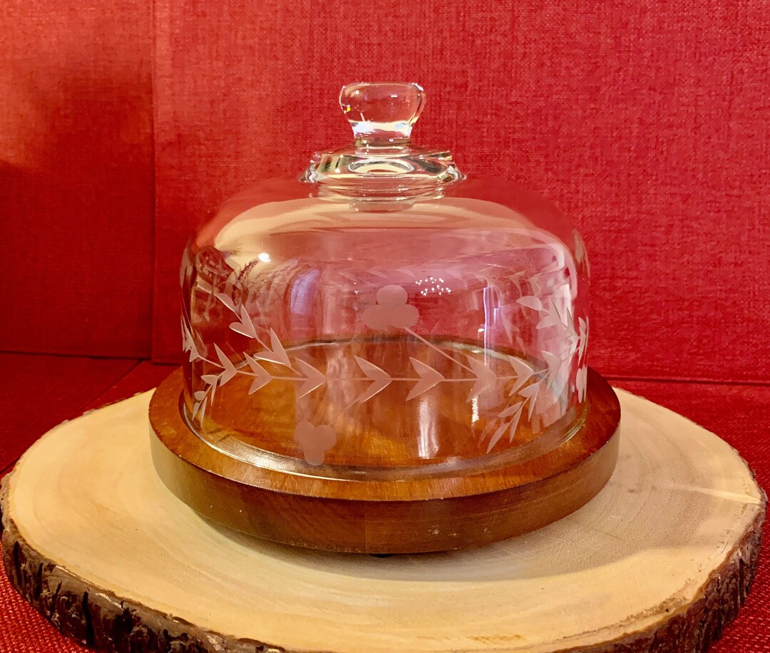 Vintage Wood Cheese Platter W/ Etched Glass Dome (princess House ...