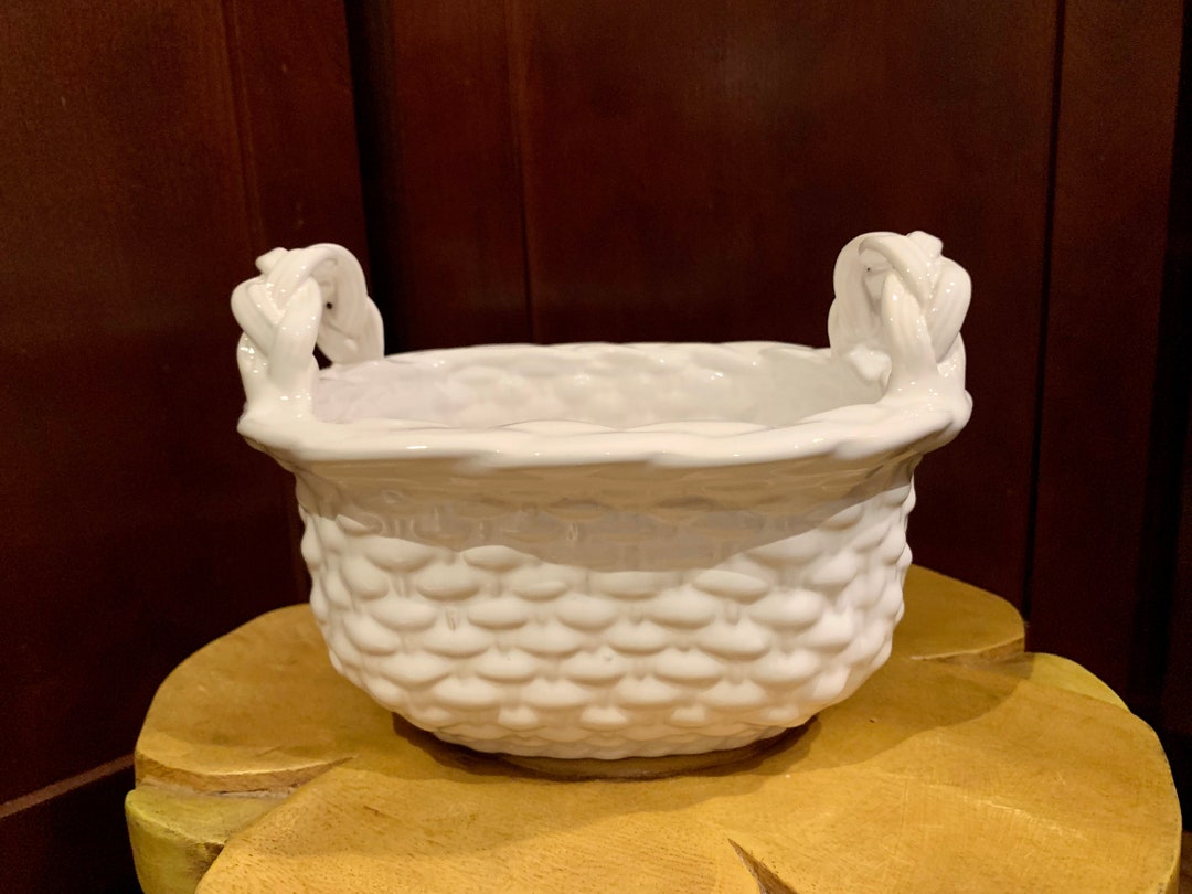 Vintage Neuwirth Ceramic Weaved Basket. Glazed White Pottery, Planter ...