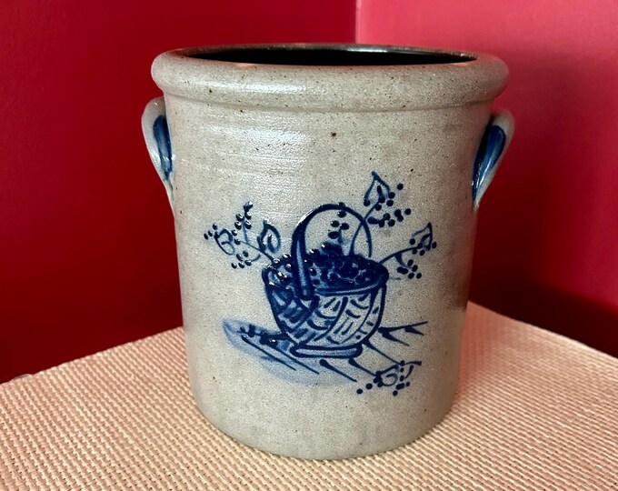 Vintage Rowe Pottery Works Crock. Blue Berry Basket Salt Glaze ...