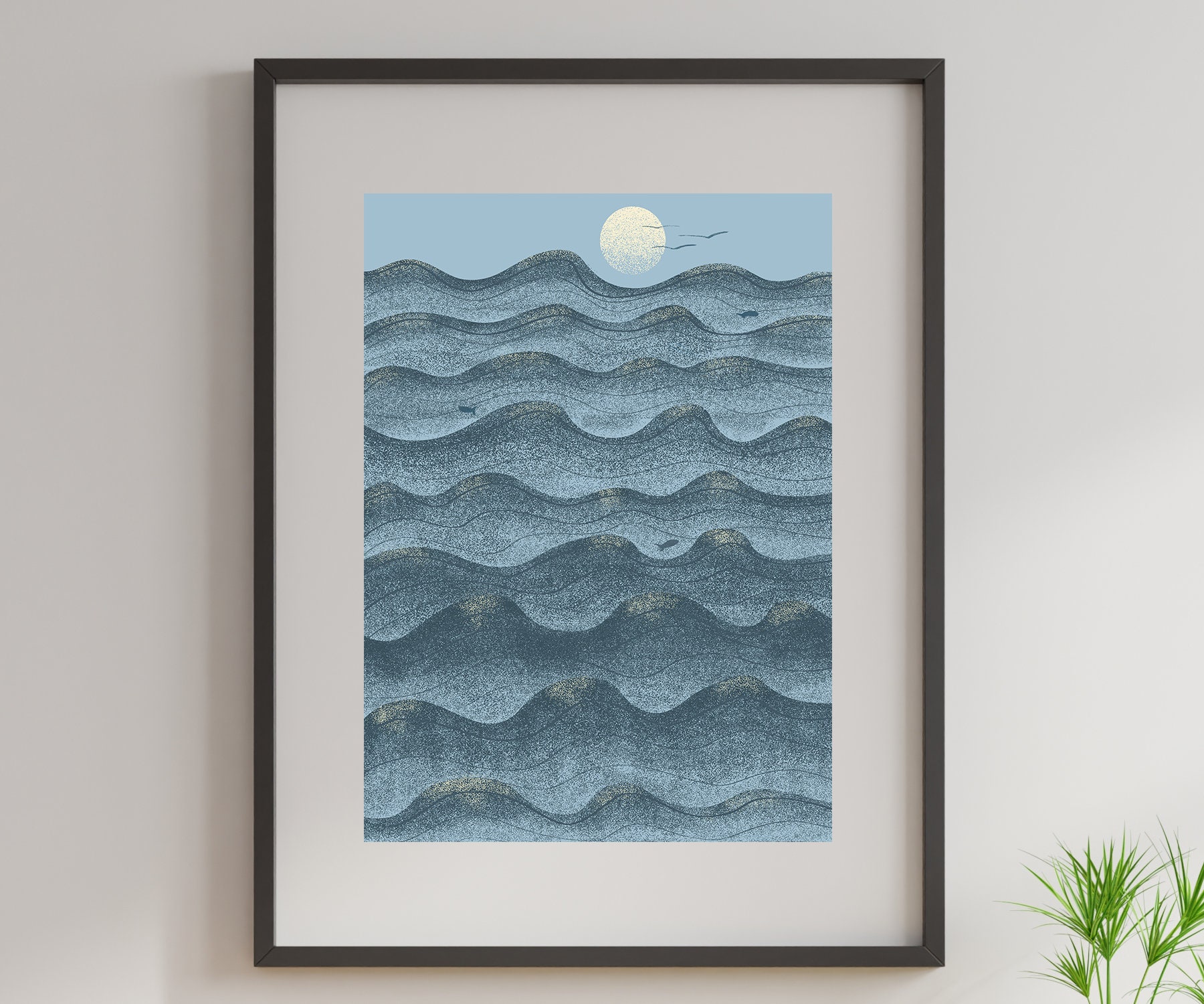 Beach ocean wave coastal stipple artwork print Prints Digital Prints ...