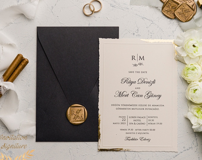 Wedding Invitation Gold Foil Deckle Edge Invitations Minimalist Design ...