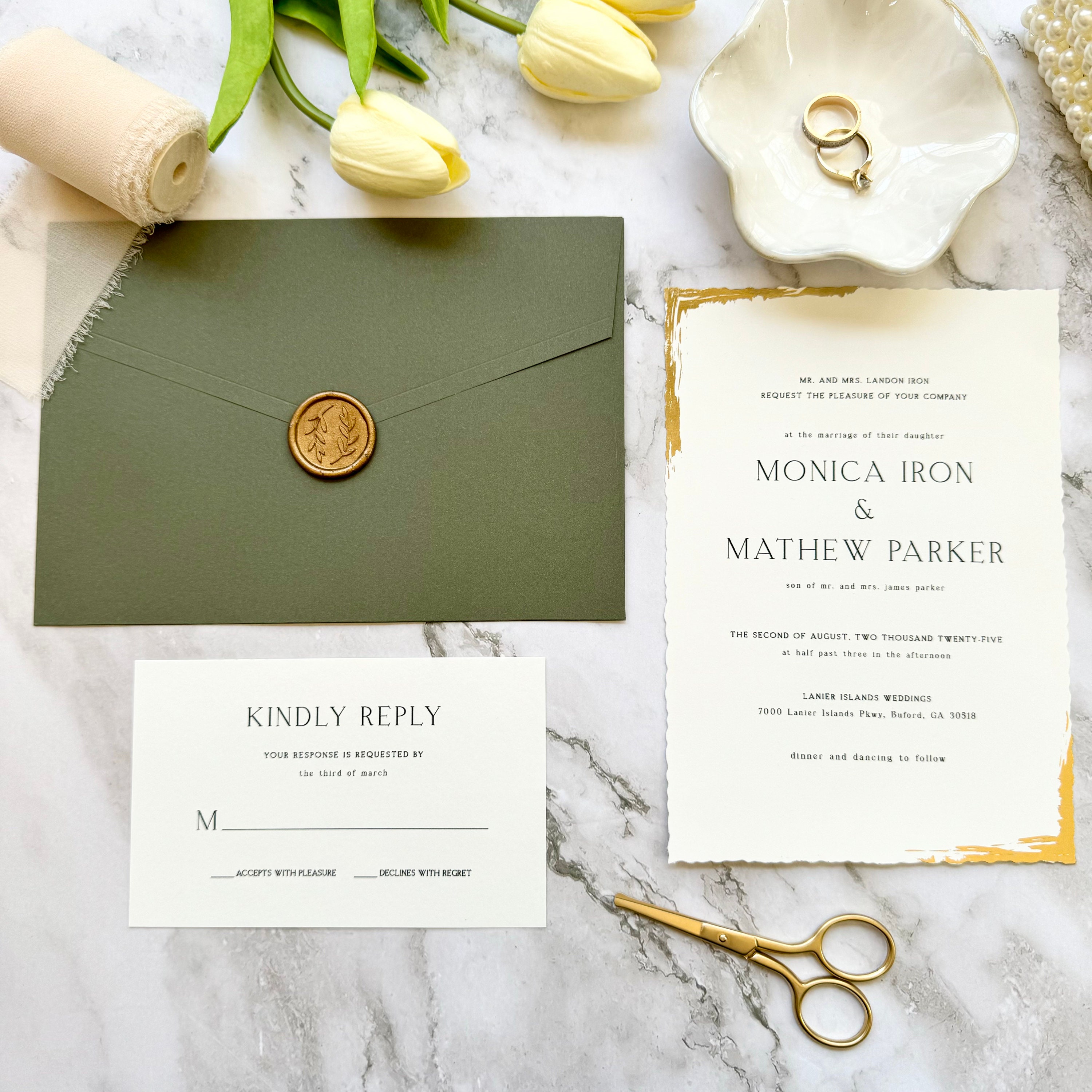 Elegant Wedding Invitation Set With Trendy Gold Foil Wavy Cut-edged ...