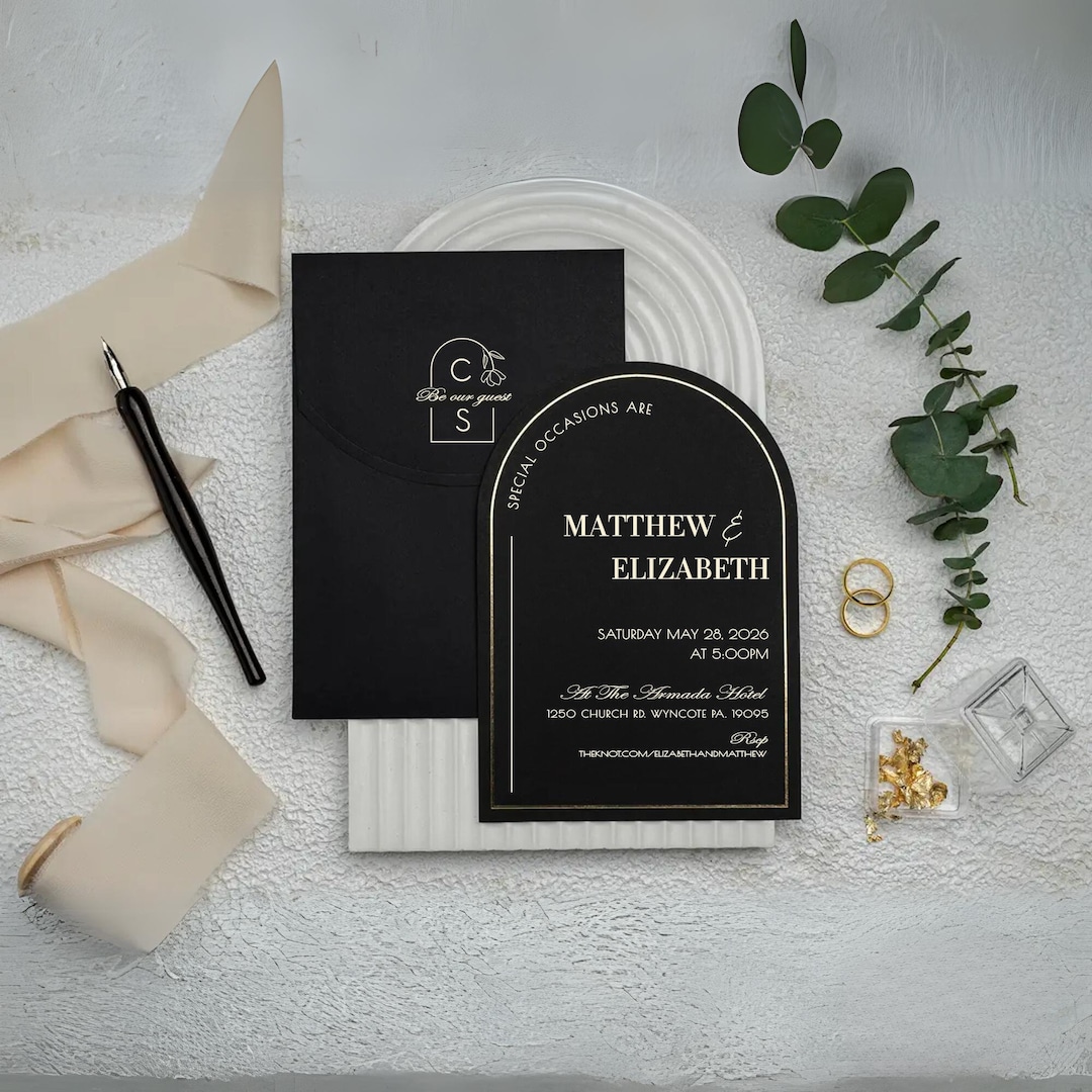 Gold Foil Printed Black Wedding Invitation - Stylish Black Invitation ...