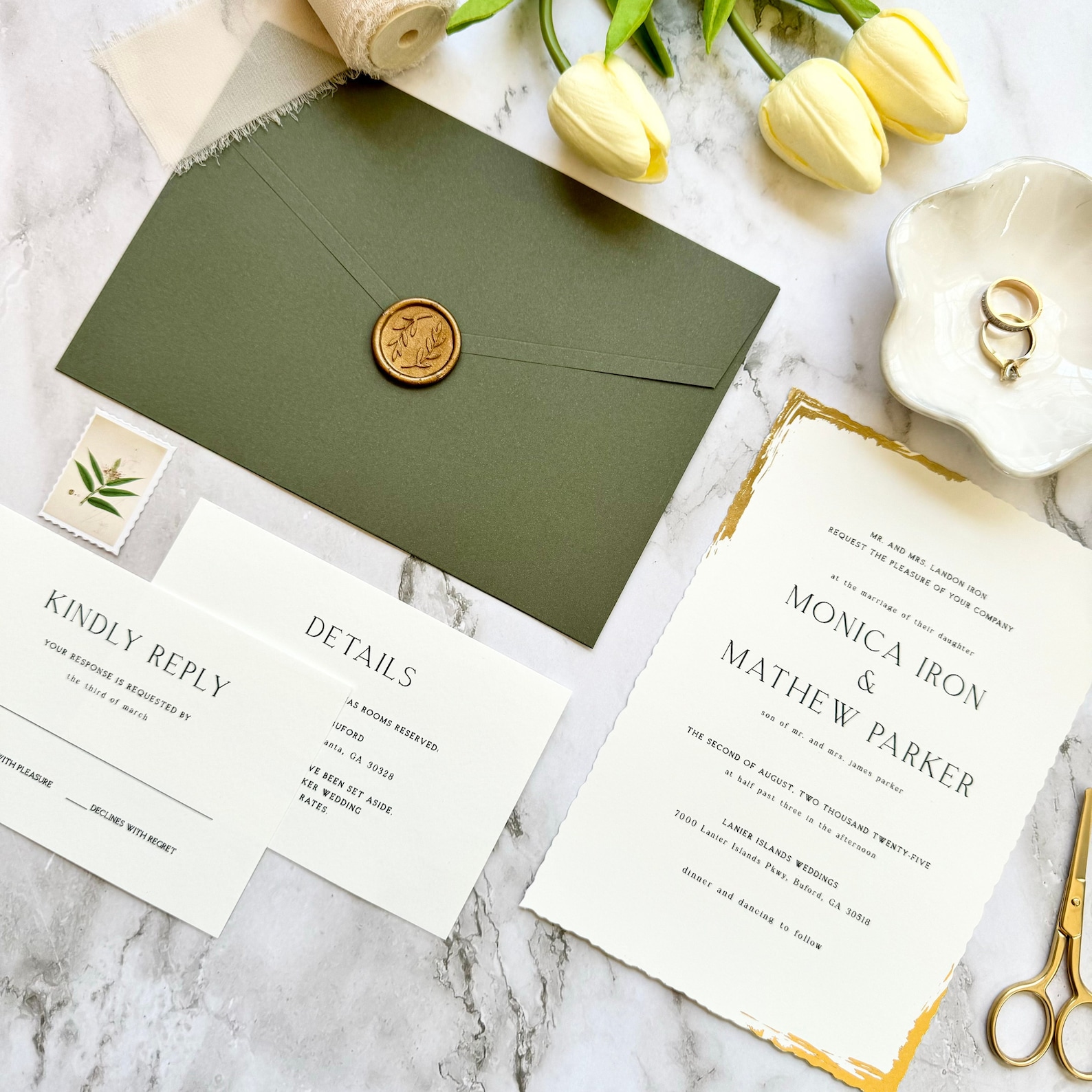 Elegant Wedding Invitation Set With Trendy Gold Foil Wavy Cut-edged ...