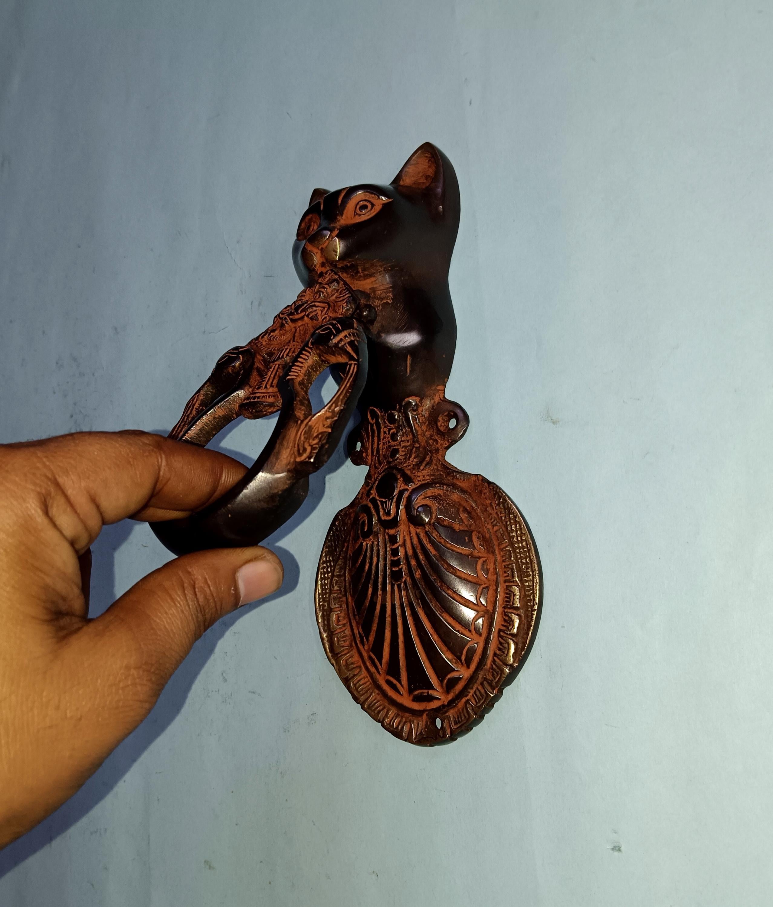 Kitty Cat Door Knocker | Brass Yali With Peacock Engraved Door Bell ...