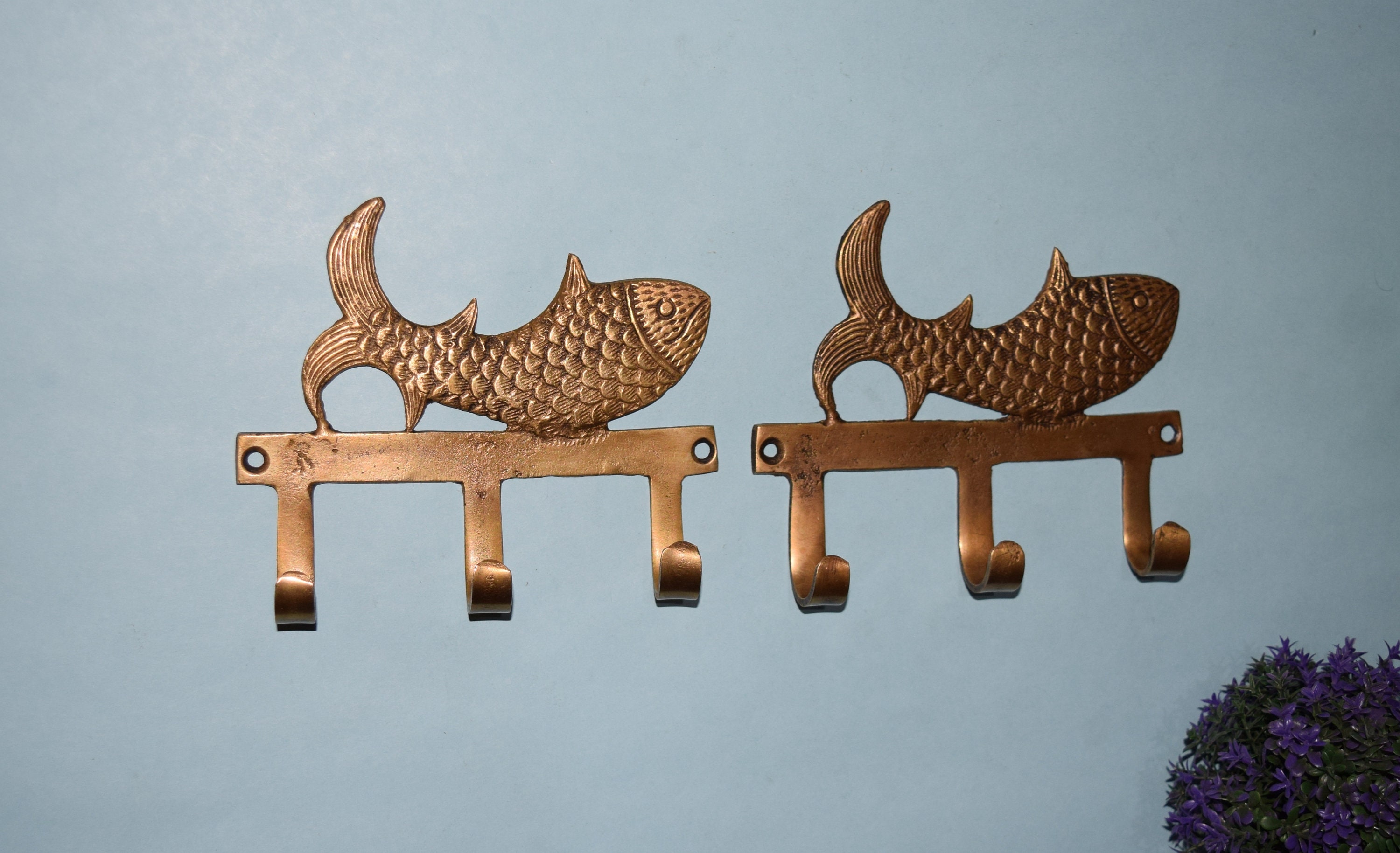 Pair of Wall Hooks Brass Fish Design Triple Hook Majestic | Etsy
