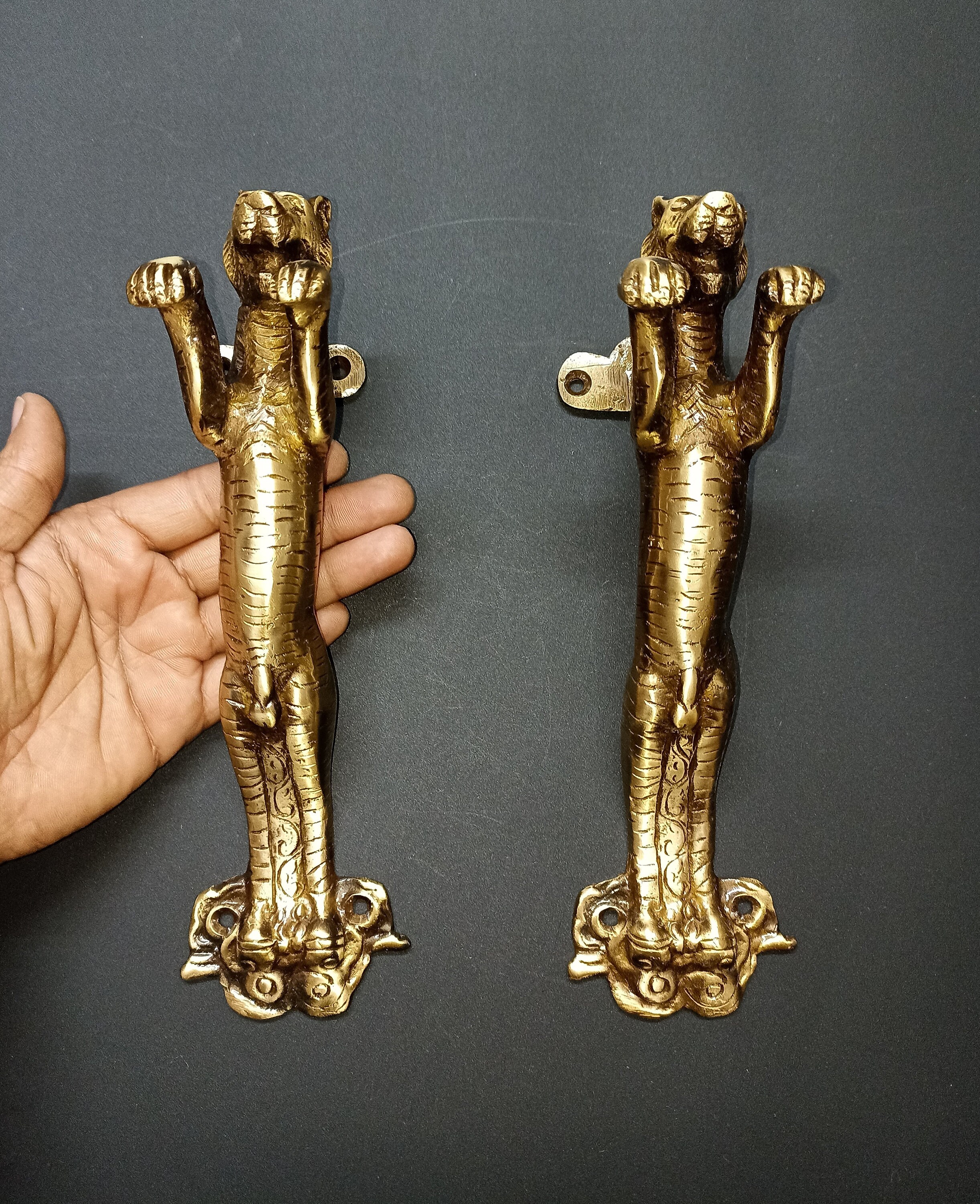 Raring Tiger Main Door Handles | Lacquered Brass Leaping Cheetah Door ...