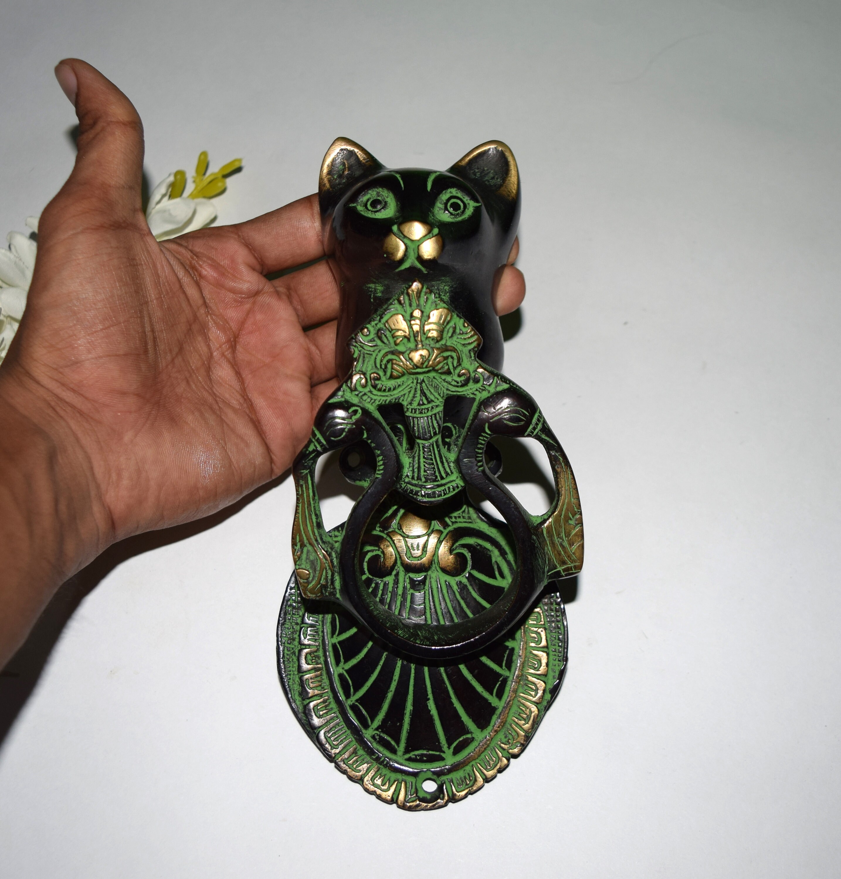 Brass Cat Knocker with Dual Peacock Yali Handle Tomcat Head | Etsy