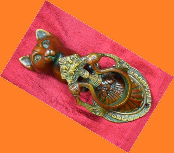 Brass Cat Knocker With Dual Peacock Yali Handle Tomcat Head | Etsy