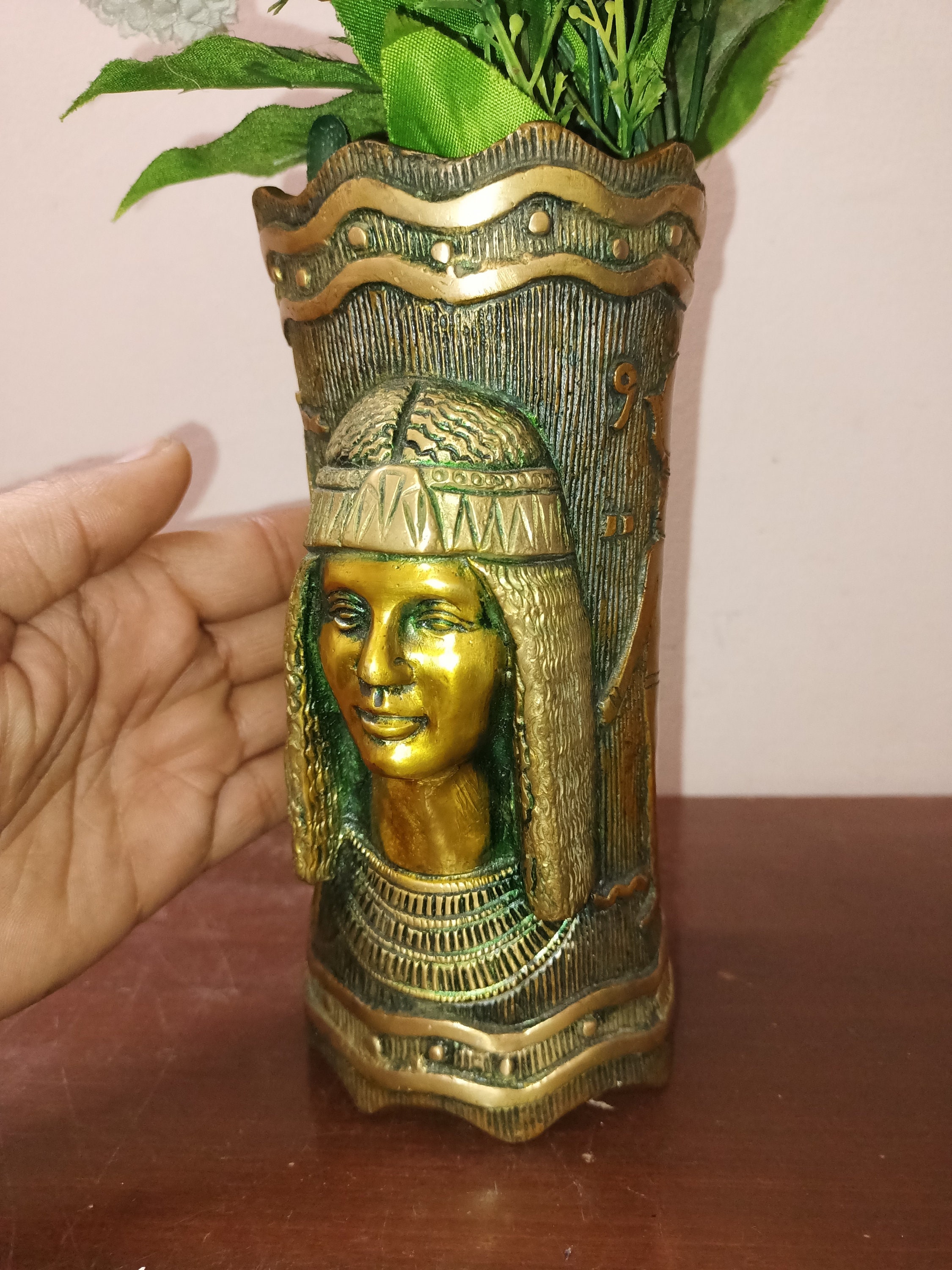 Egyptian Man Woman Engraved Flower Vase | Brass Anubis and Sekhmet ...