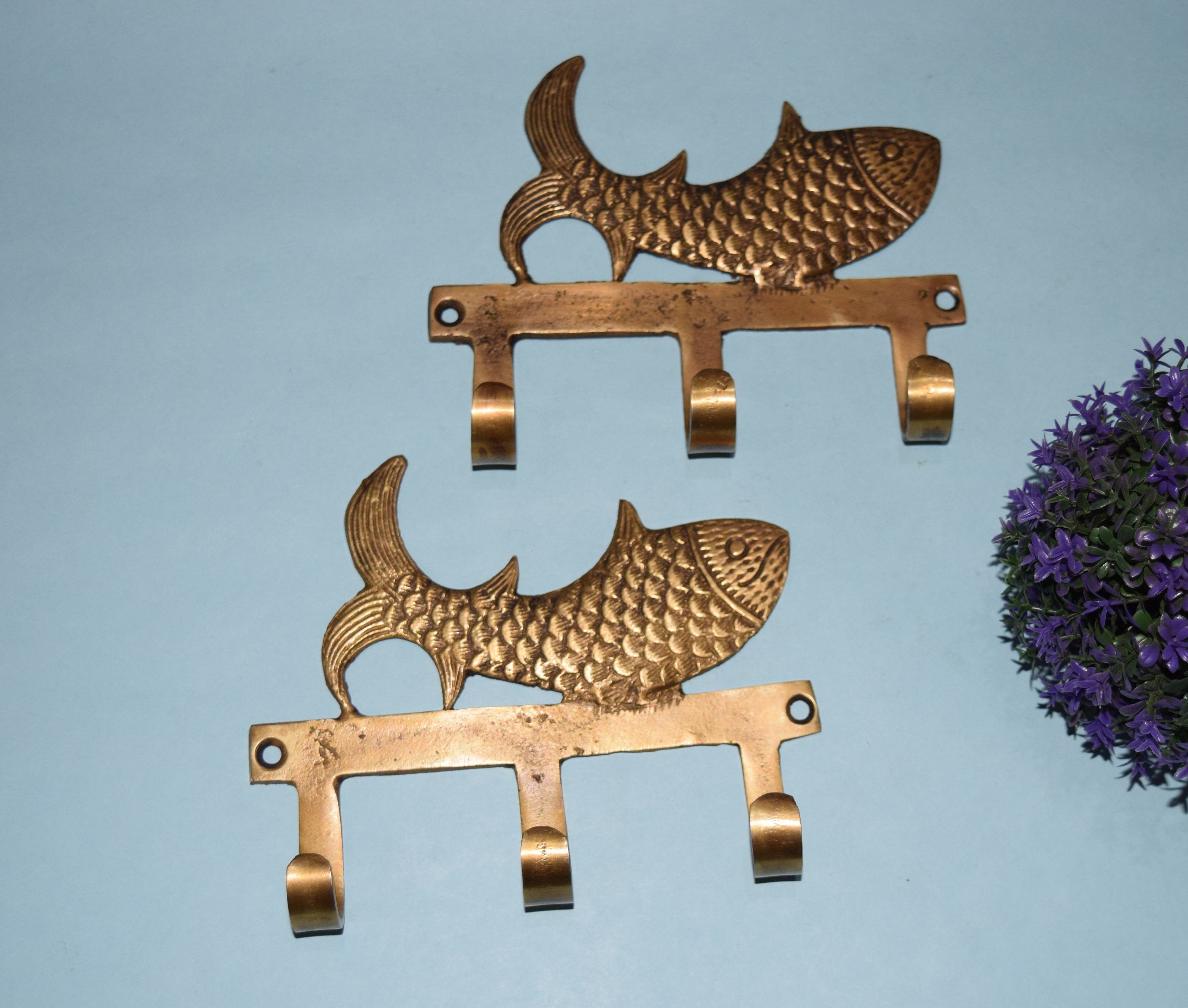 Pair of Wall Hooks Brass Fish Design Triple Hook Majestic | Etsy