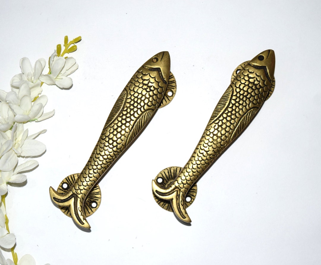7.7" Inches Fish Design Door Handle Pair | Brass Dresser Cabinet Pulls ...