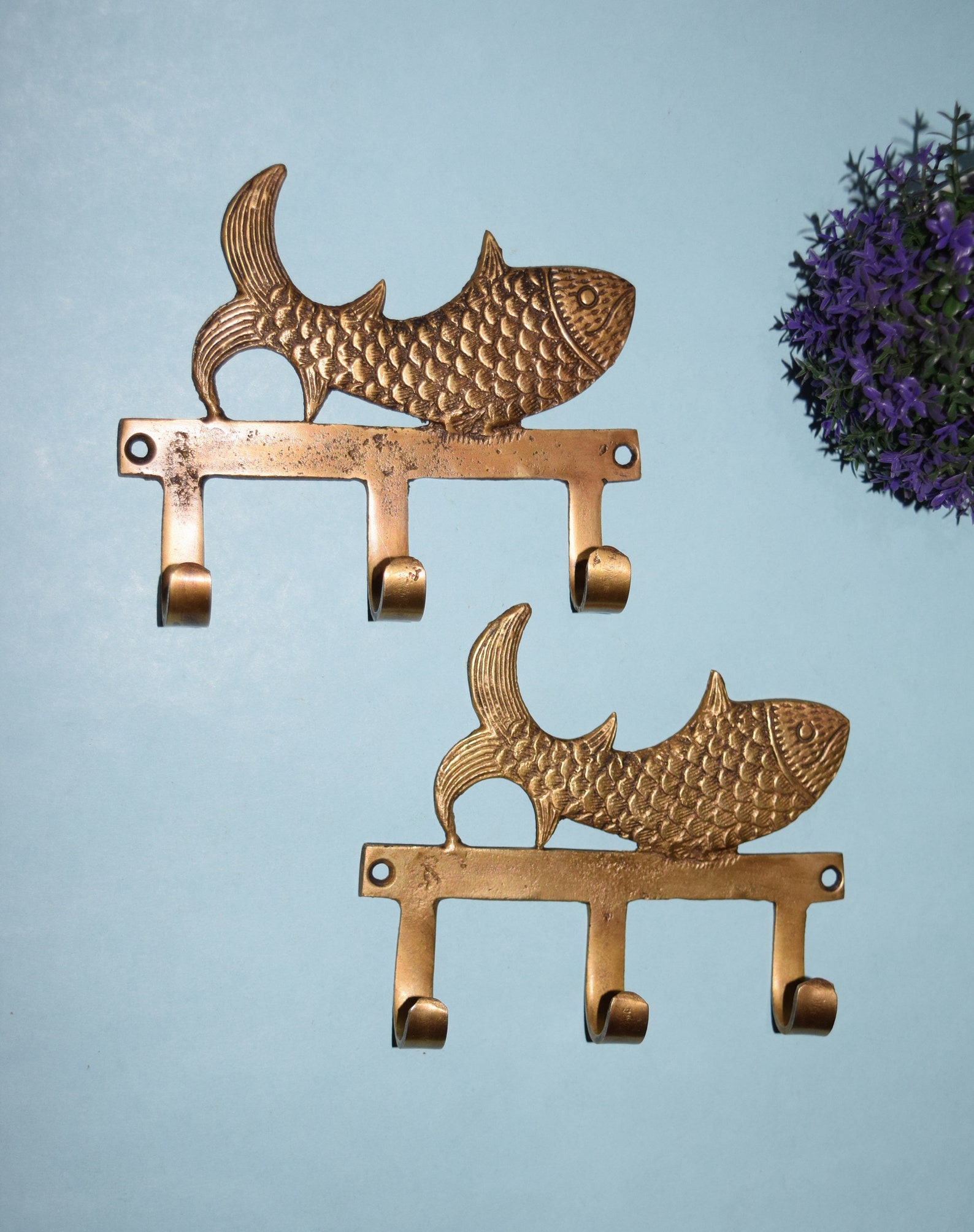 Pair of Wall Hooks Brass Fish Design Triple Hook Majestic | Etsy