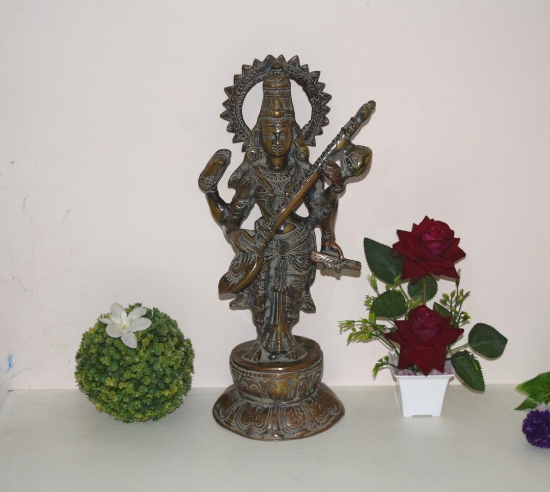 Standing Devi Saraswati Mata Statue 17'' Inches Brass | God of Music ...