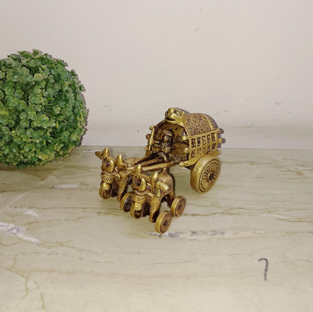 Bull Cart Statue Patio Table Decor | Brass Farmer With Cattle Sculpture ...