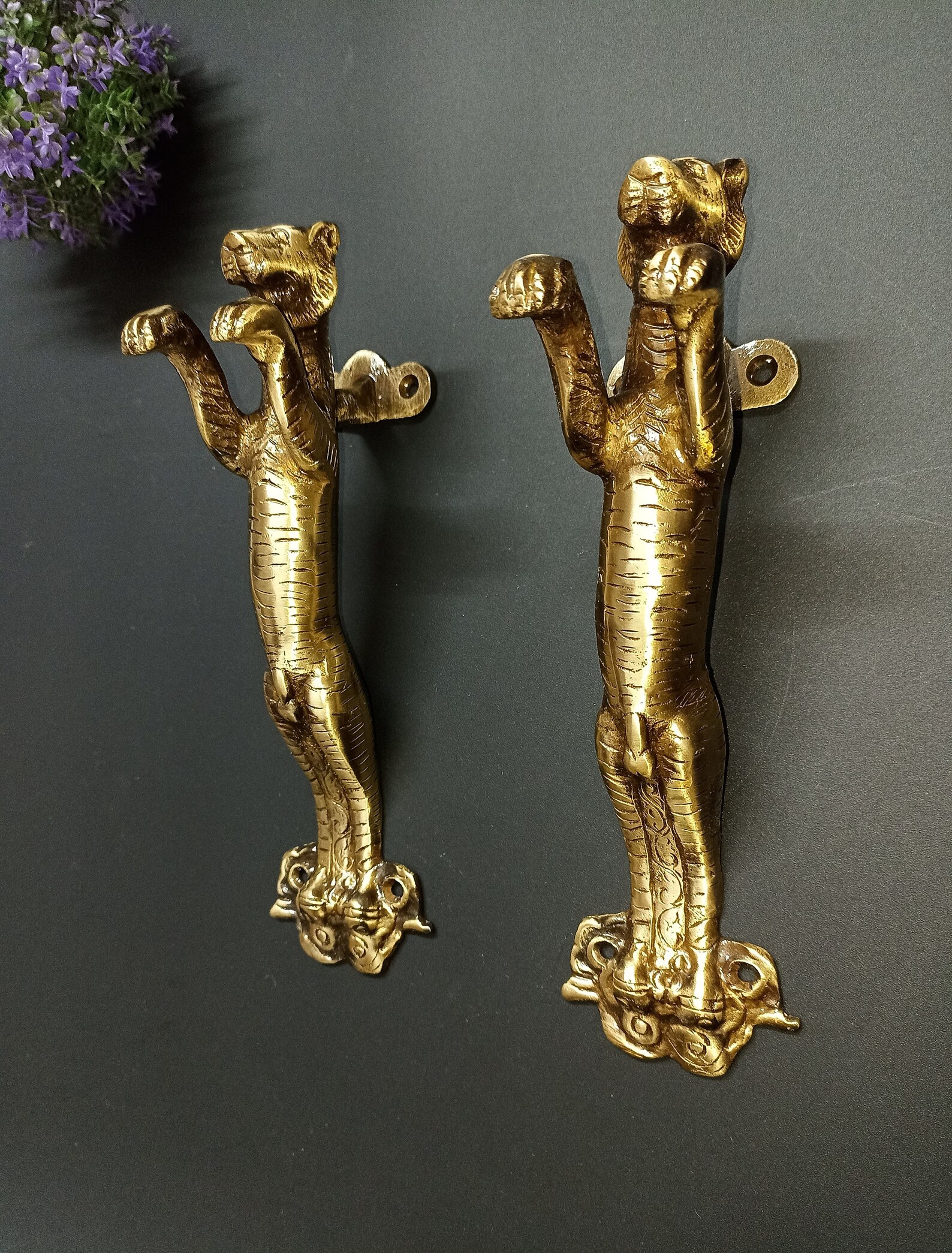 Raring Tiger Main Door Handles | Lacquered Brass Leaping Cheetah Door ...