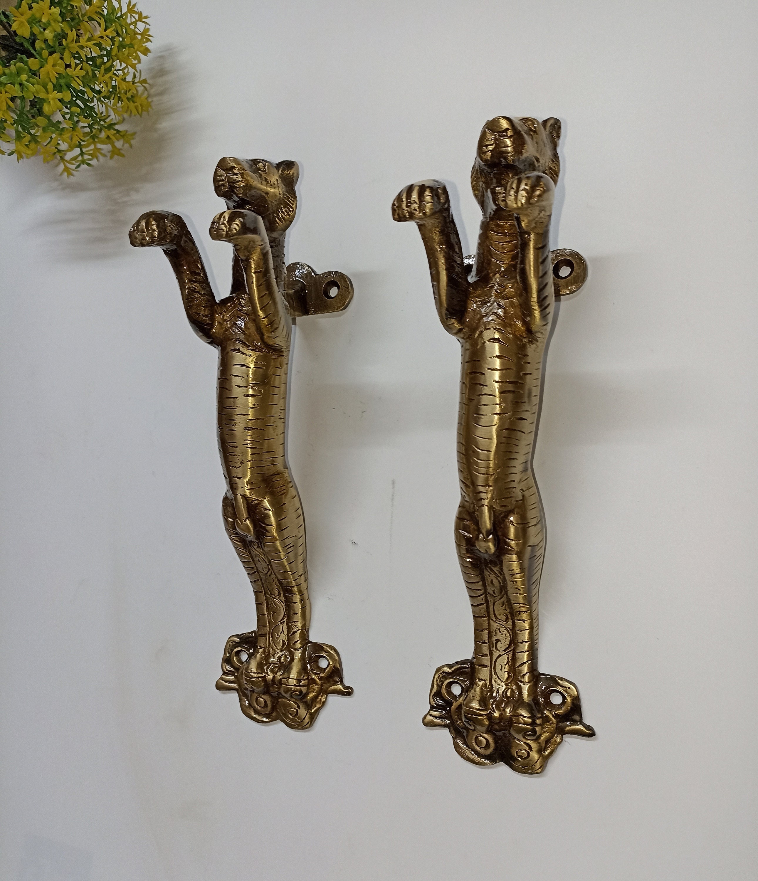 Raring Tiger Main Door Handles | Lacquered Brass Leaping Cheetah Door ...