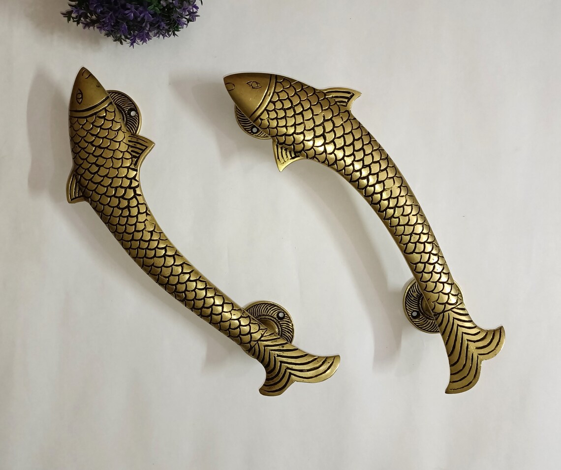 Brass Tuna Fish Long Door Pull Pair | Brass Golden Fish Door Handle ...