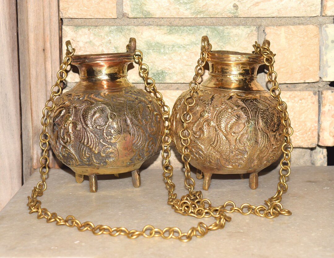 Brass Hanging Water Pot Kalash | Set of 02 Pieces Peacock Designer ...